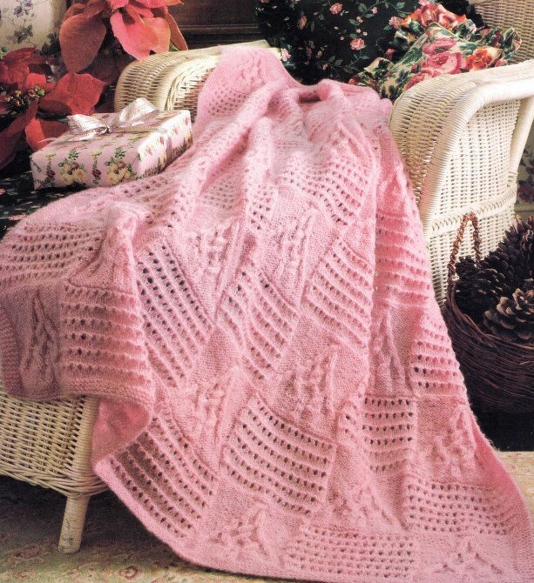 Vintage Afghan Knitting Pattern Elegant Pink Christmas Tree Blanket ...