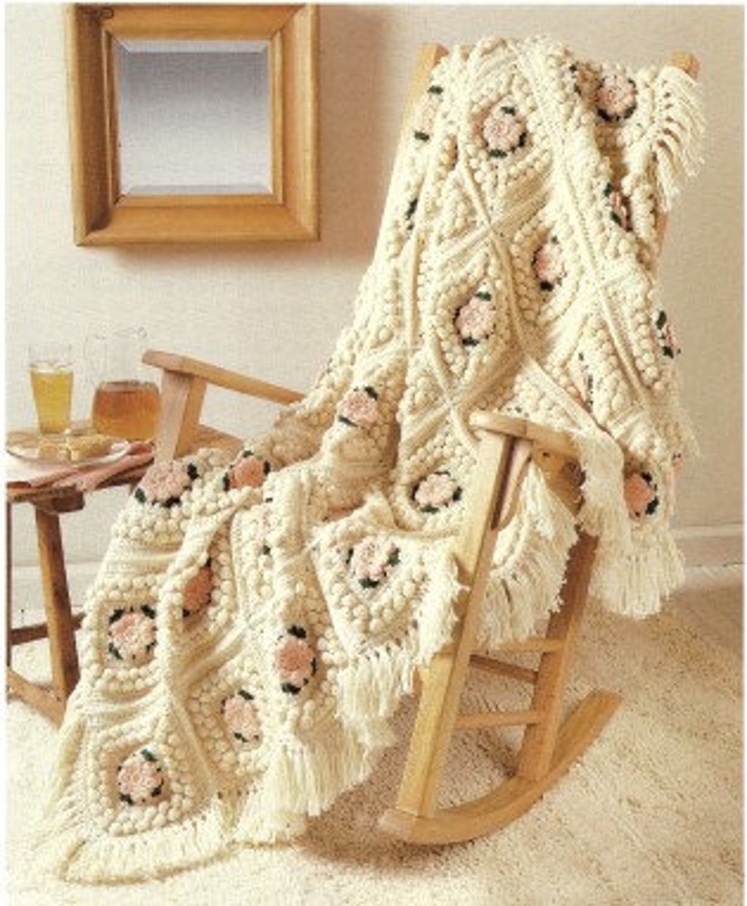 Vintage Crochet Pattern Popcorn Stitch Floral Rose Granny Square Afghan ...
