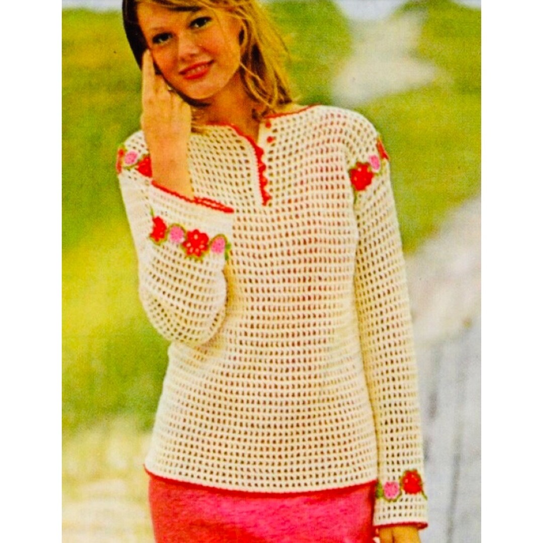 Vintage Filet Crochet Pattern Flower Mesh Henley Tunic Sweater Top ...