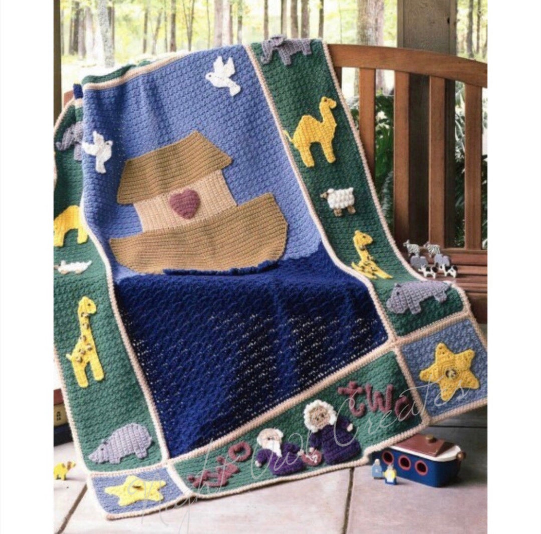 Vintage Afghan Crochet Pattern Noah's Ark Applique Two by Two Throw ...