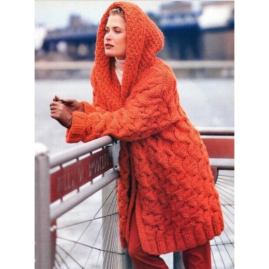 Vintage Knitting Pattern Hooded Cable Coat Long Knitted Hoodie Jacket ...
