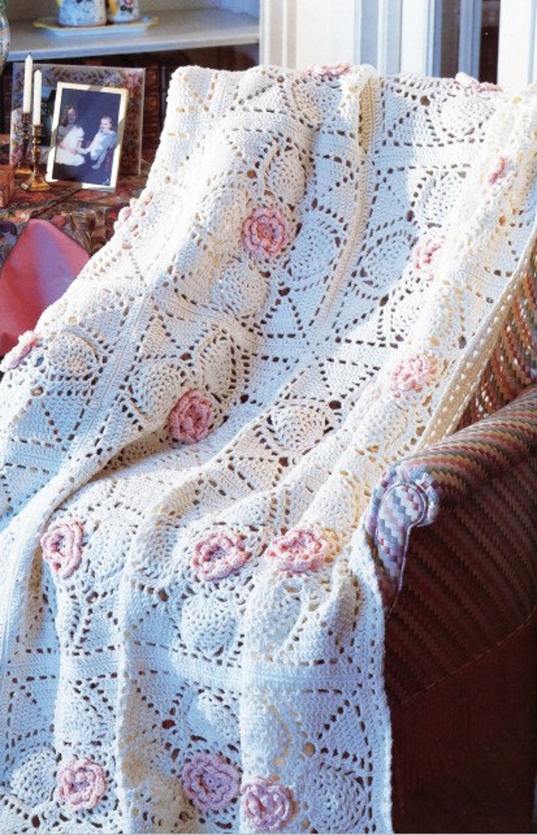 Vintage Afghan Crochet Pattern Rose Pineapple Floral Granny Square ...
