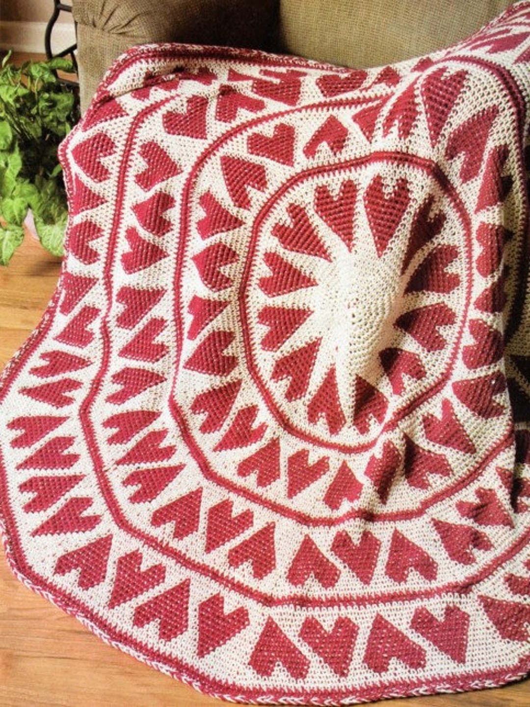 Vintage Crochet Pattern Circular Round Tapestry Heart Afghan Folk Art ...