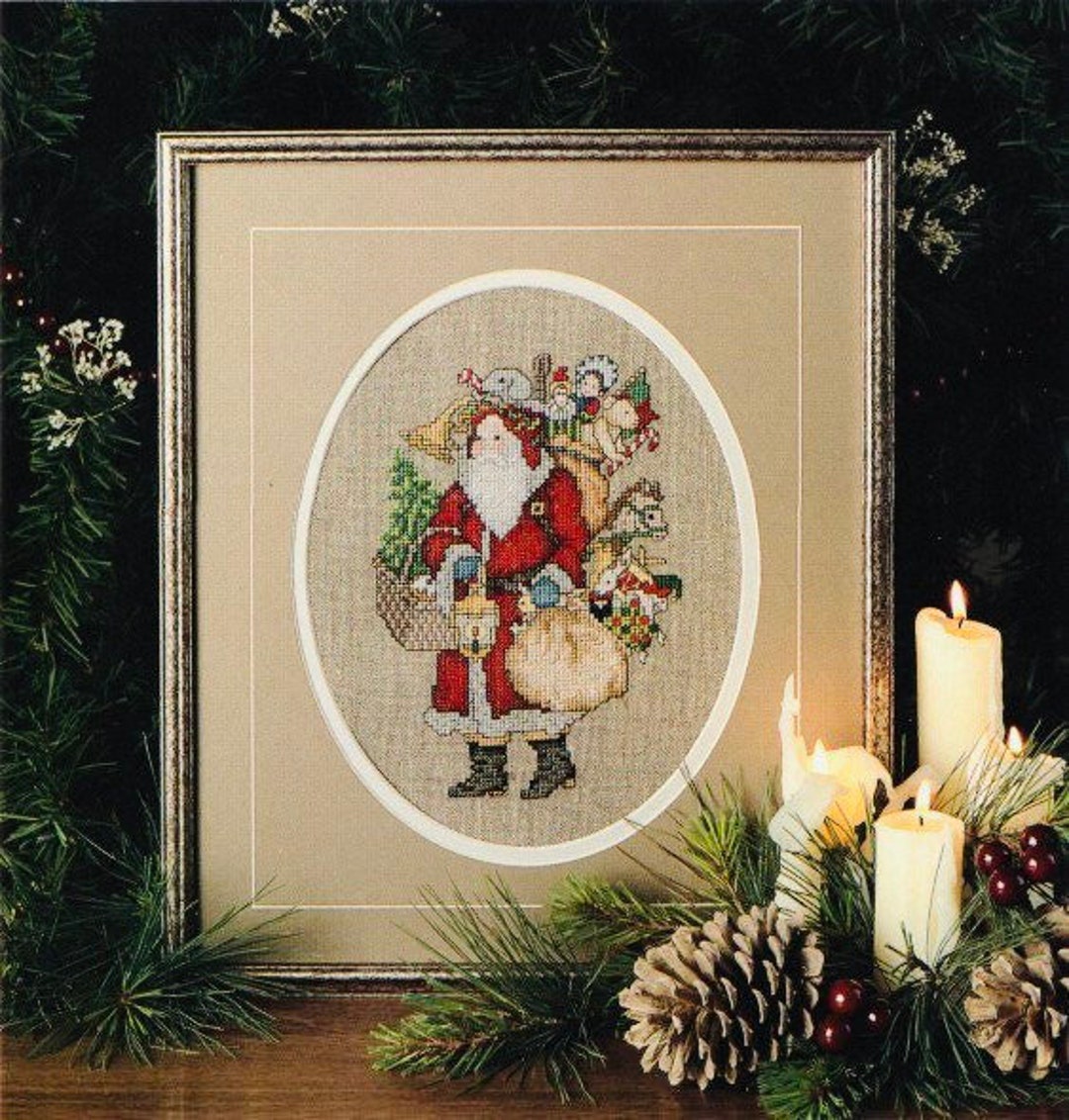 Vintage Christmas Cross Stitch Pattern Olde Santa Claus 16X20 Framed ...