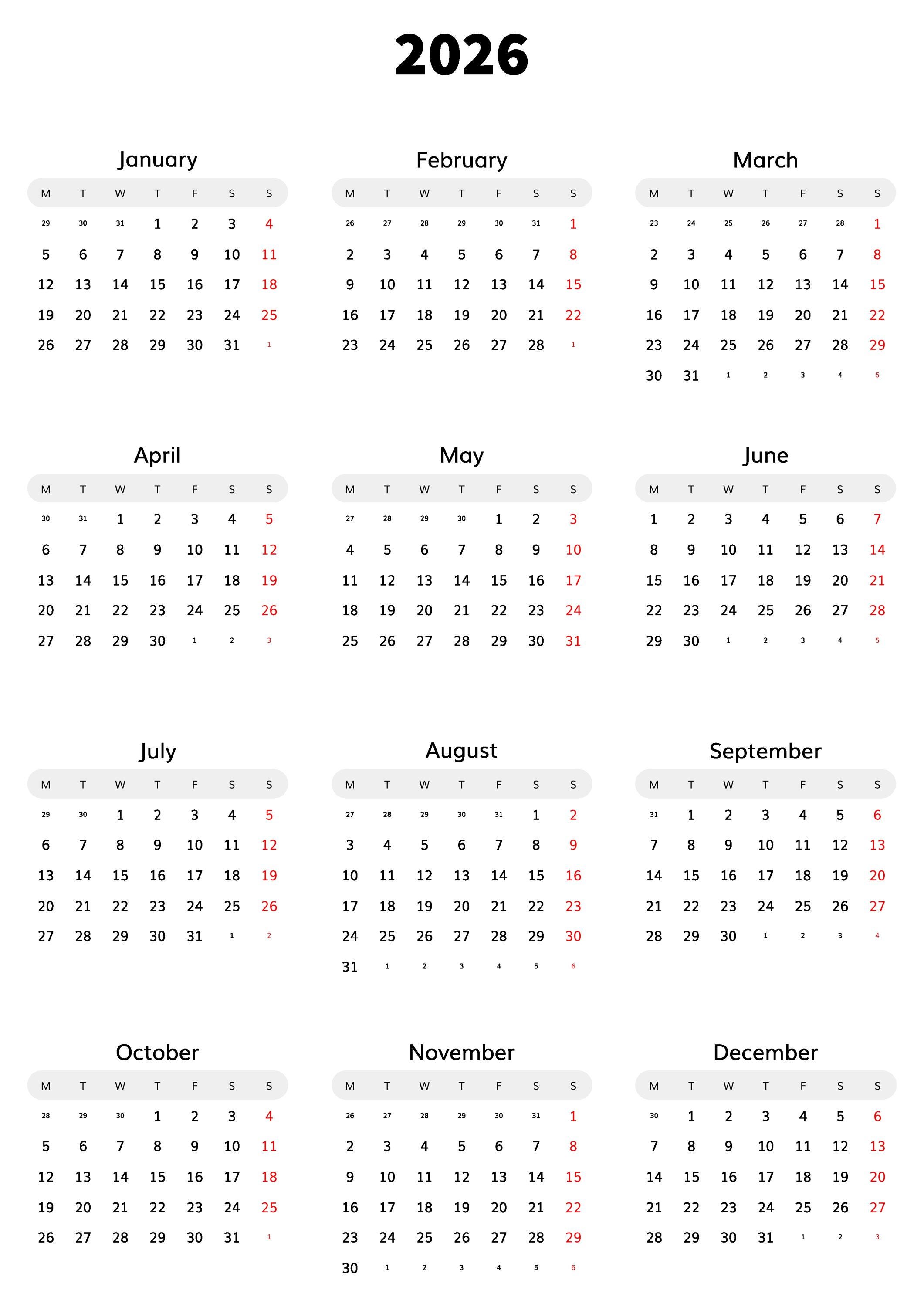 2026 Calendar Template Printable A4, A3, Letter (digital File) PDF File ...