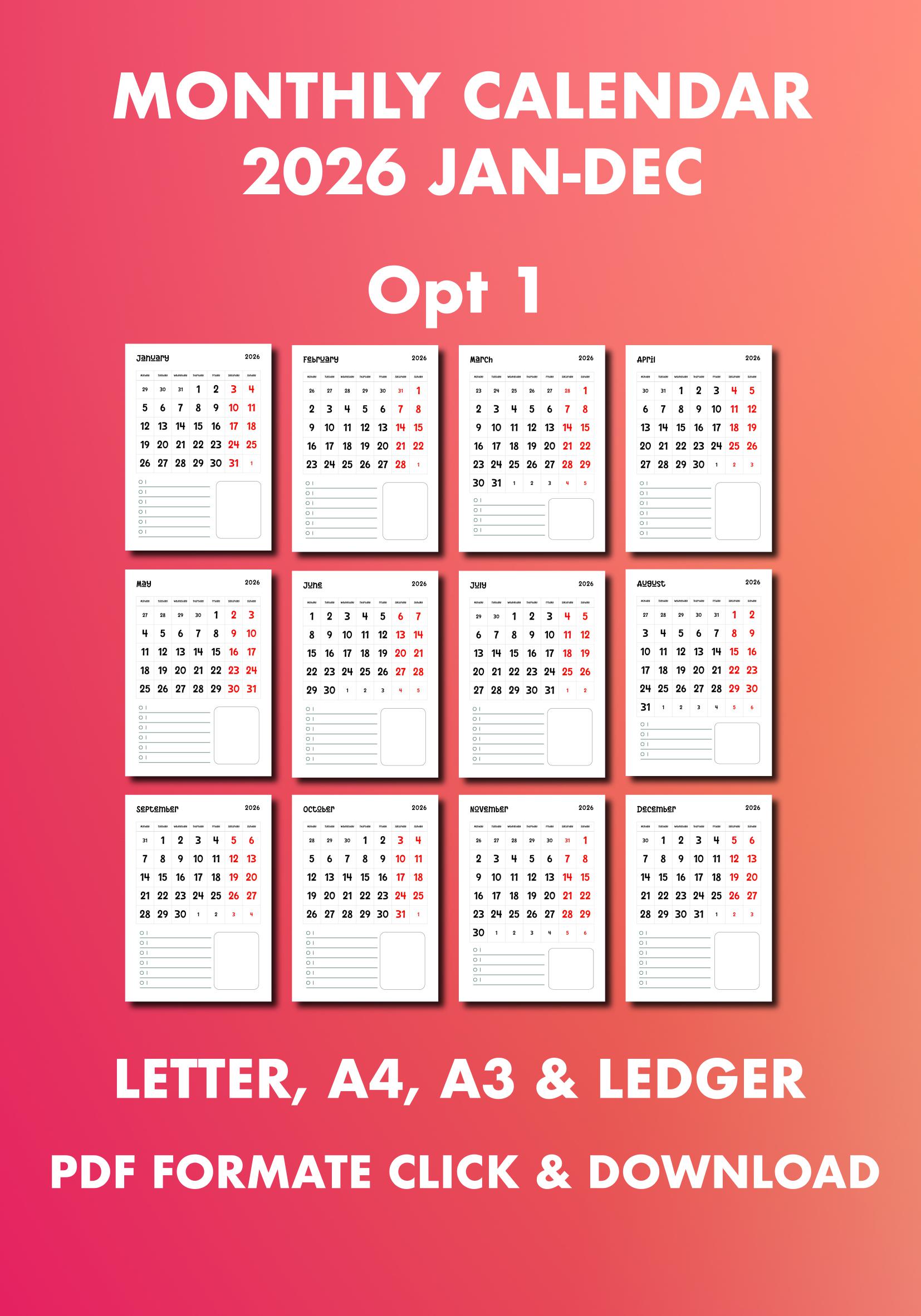 2026 Calendar, Monthly Calendar, Monday Start, A4, A3, Letter Size ...