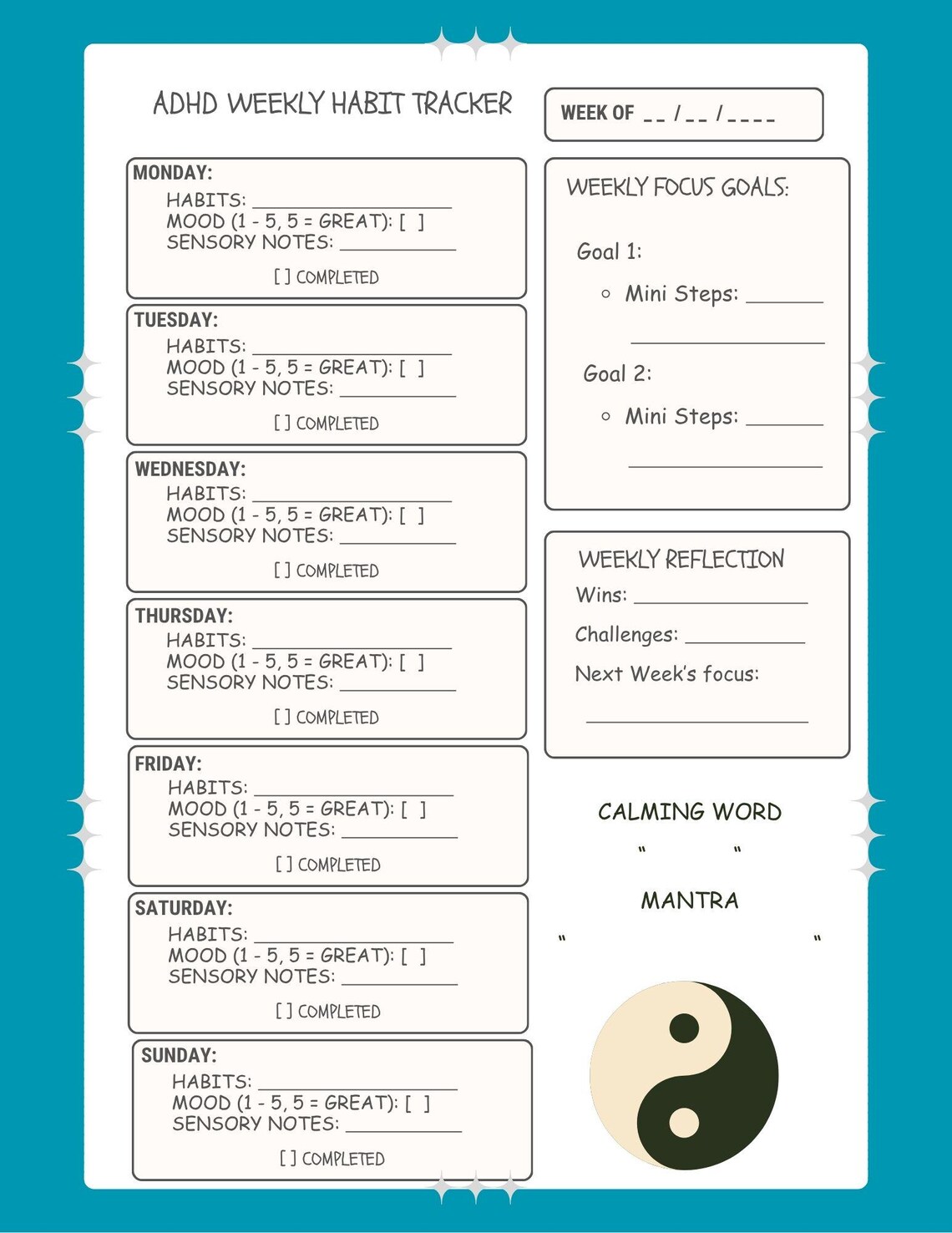 ADHD Weekly Habit Tracker, Digital Download, Mood and Sensory PDF - Etsy