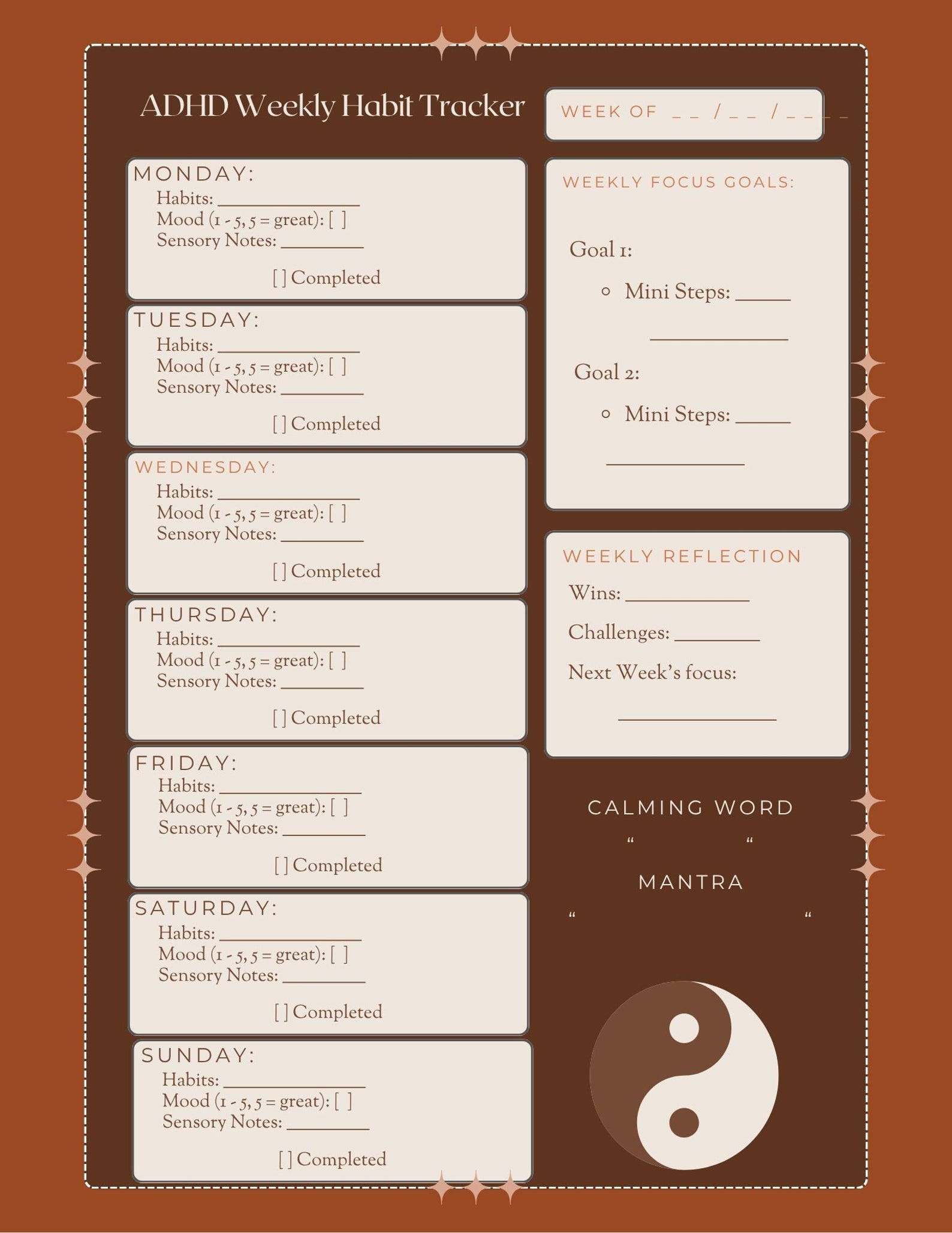 ADHD Weekly Habit Tracker, Digital Download, Mood and Sensory PDF - Etsy