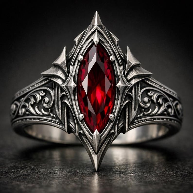 Gothic Marquise Ruby Red Ring Sterling Silver, Art Nouveau Vintage ...