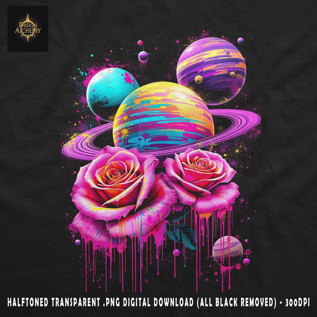 Cosmic Roses: Neon Planet Halftone Art for Black T-shirts (digital ...