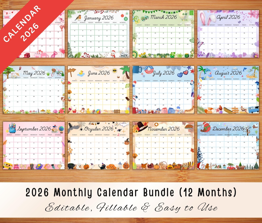 Editable 2026 Monthly Calendar Cute Printable Year Planner for Kids ...