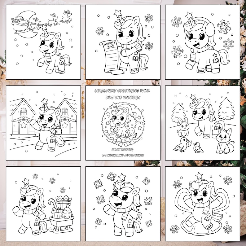 Winter Unicorn Coloring Pages for Kids | Christmas Fun (instant ...
