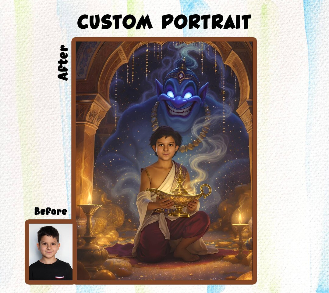 Personalized Aladdin Portrait – Custom Fantasy Kids Art With Magic Lamp ...