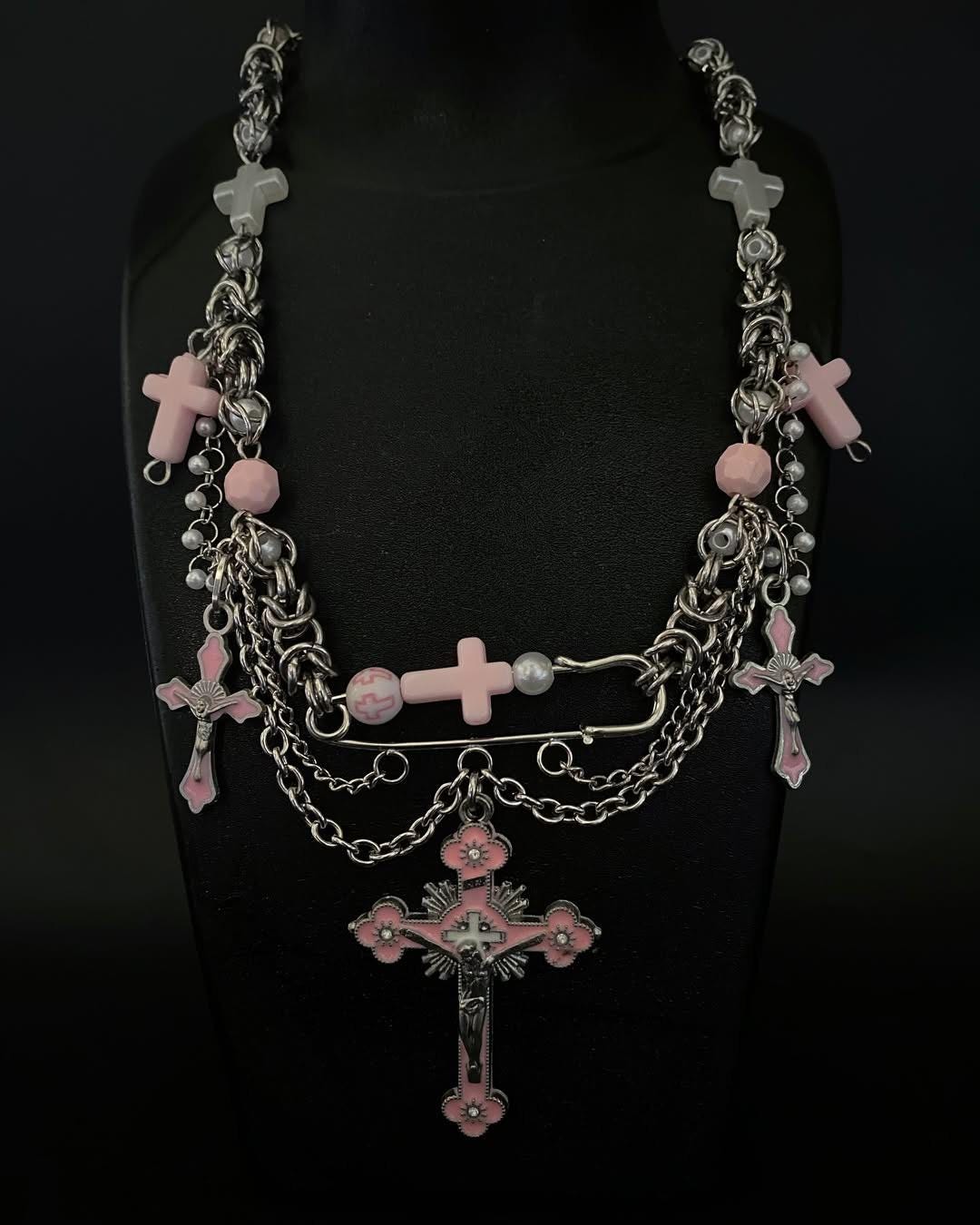 Gothic Pastel Pink Choker, Handmade Chainmail Necklace With Cross ...