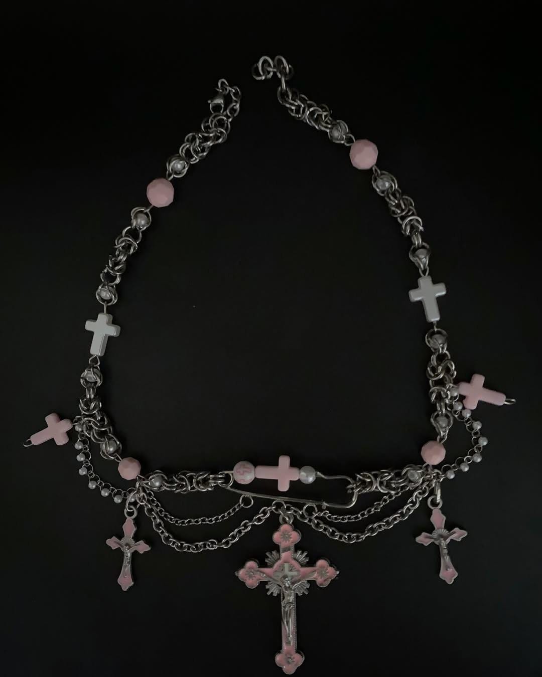 Gothic Pastel Pink Choker, Handmade Chainmail Necklace With Cross ...