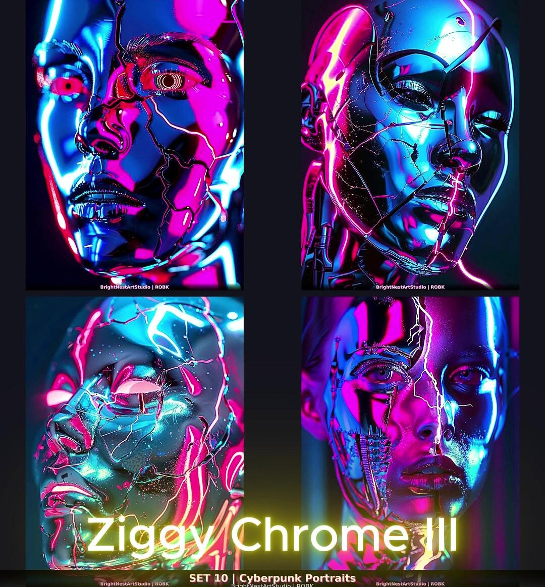4 Cyberpunk Art, Characters – Neon Feminine Cracked Chrome Androids ...