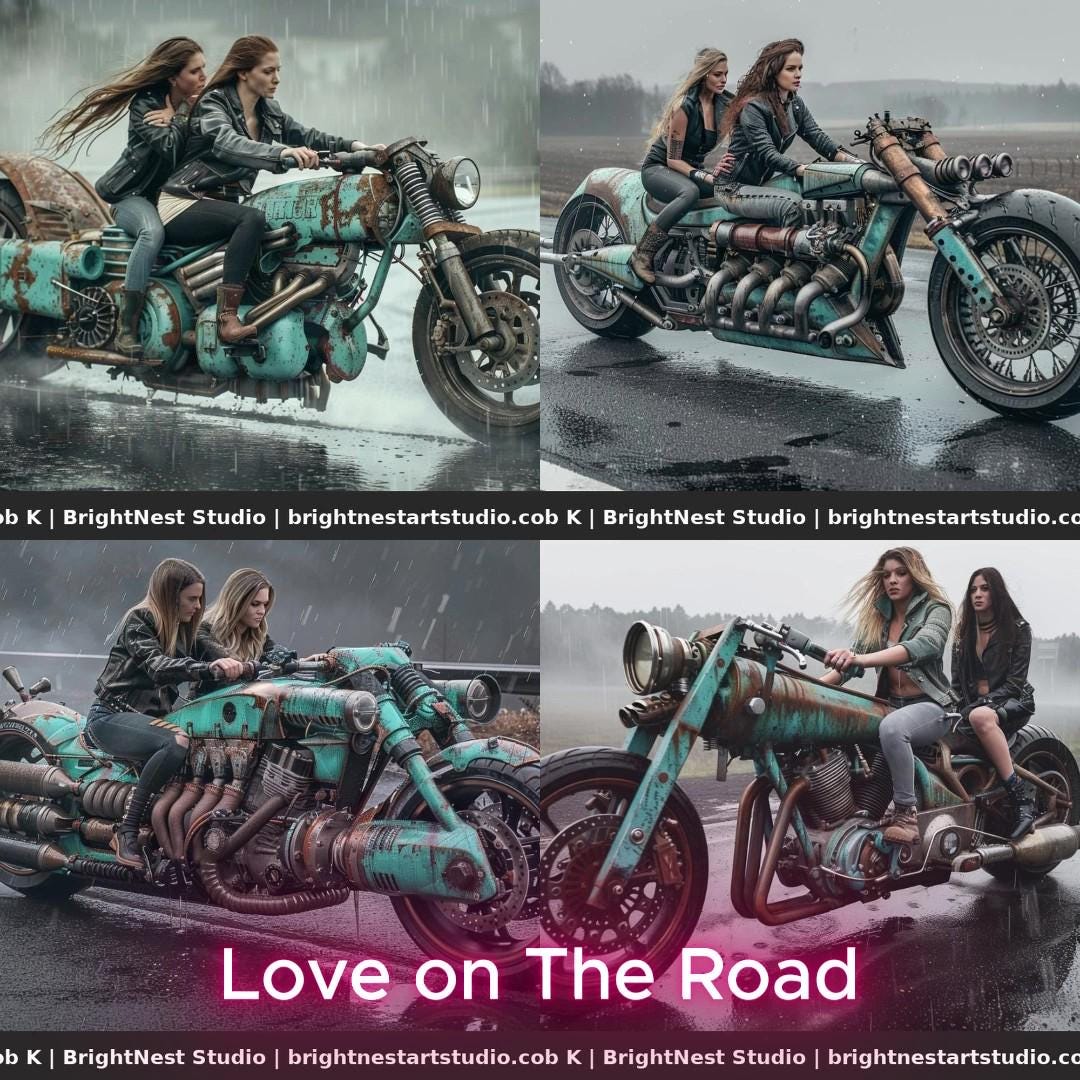 Dieselpunk Motorcycle Art Print Set – Rusted Biker Girls (digital ...