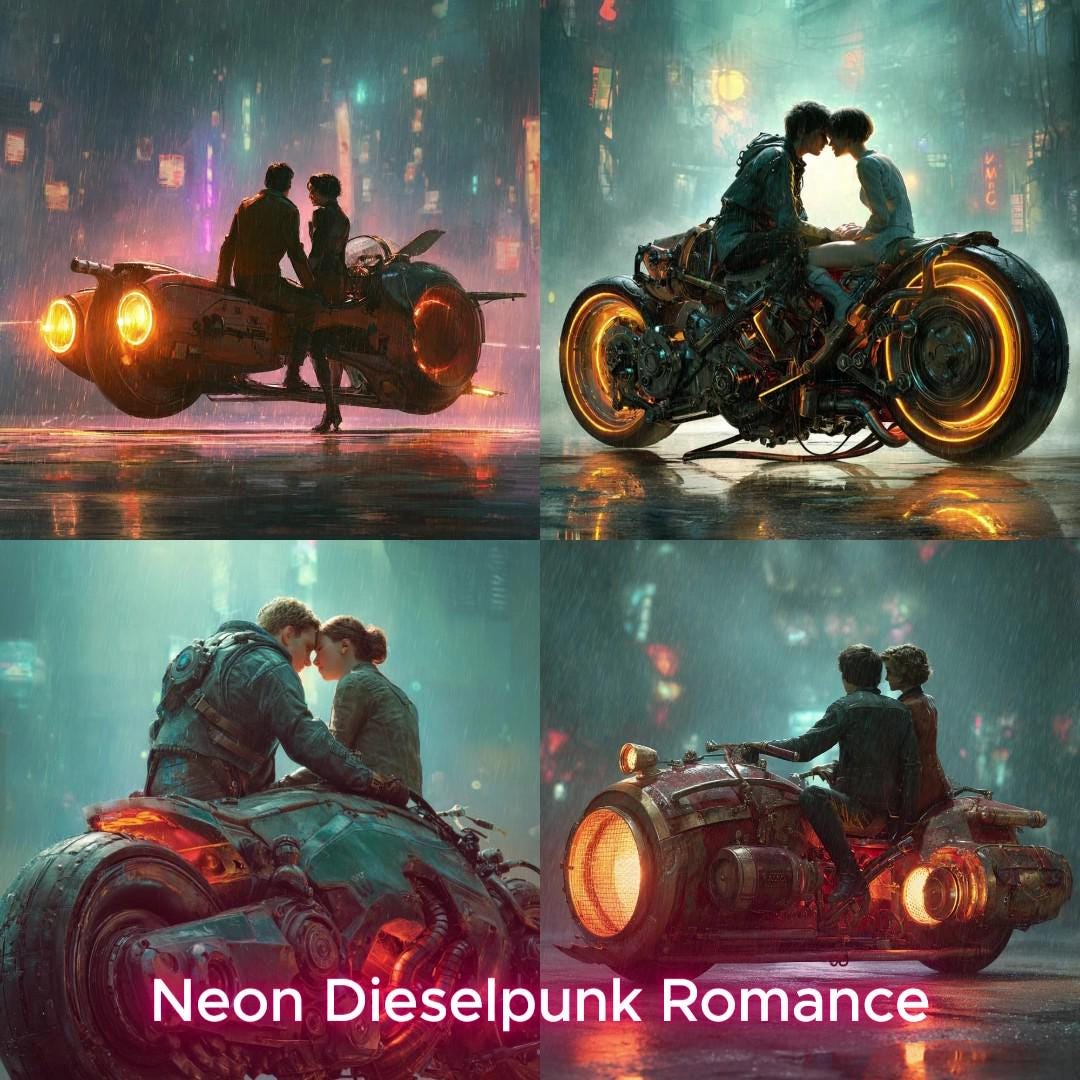 4 Dieselpunk Art, Characters, Motorcycle Romance Couple, Love of the ...