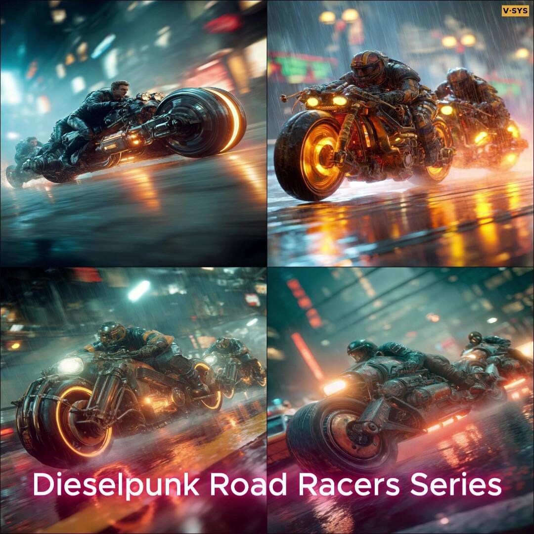 4 Dieselpunk Motorcycle Art Print Set – Neon Cyberpunk Road Racers ...
