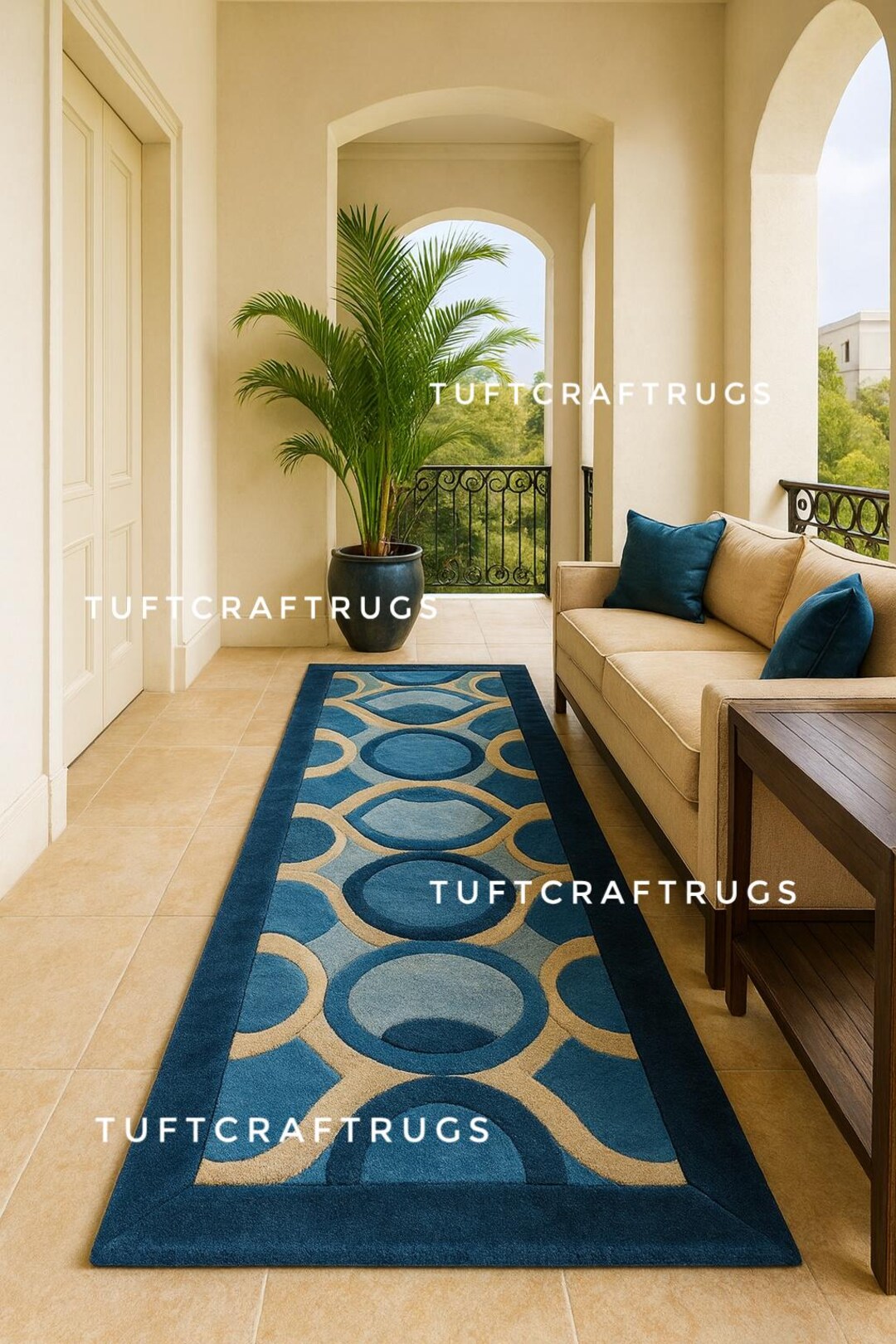 Hand Tufted Wool Runner Rug: Modern Blue Geometric Carpet - Etsy