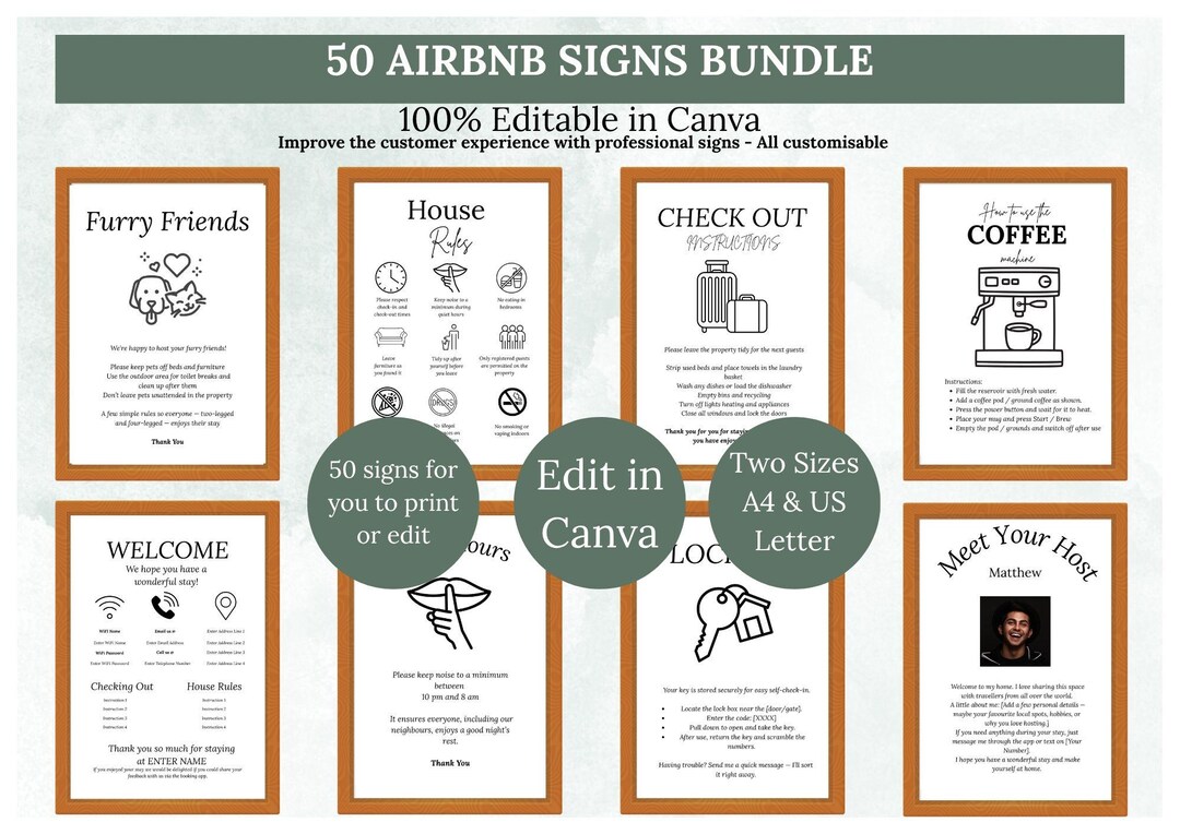 Airbnb Host Sign Bundle | 50 Editable Canva Templates for Vacation ...