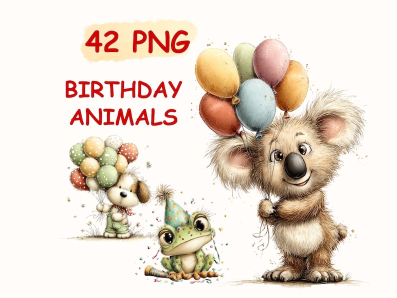 42 Birthday Animals Clipart PNG Bundle | Watercolor Party Animals ...