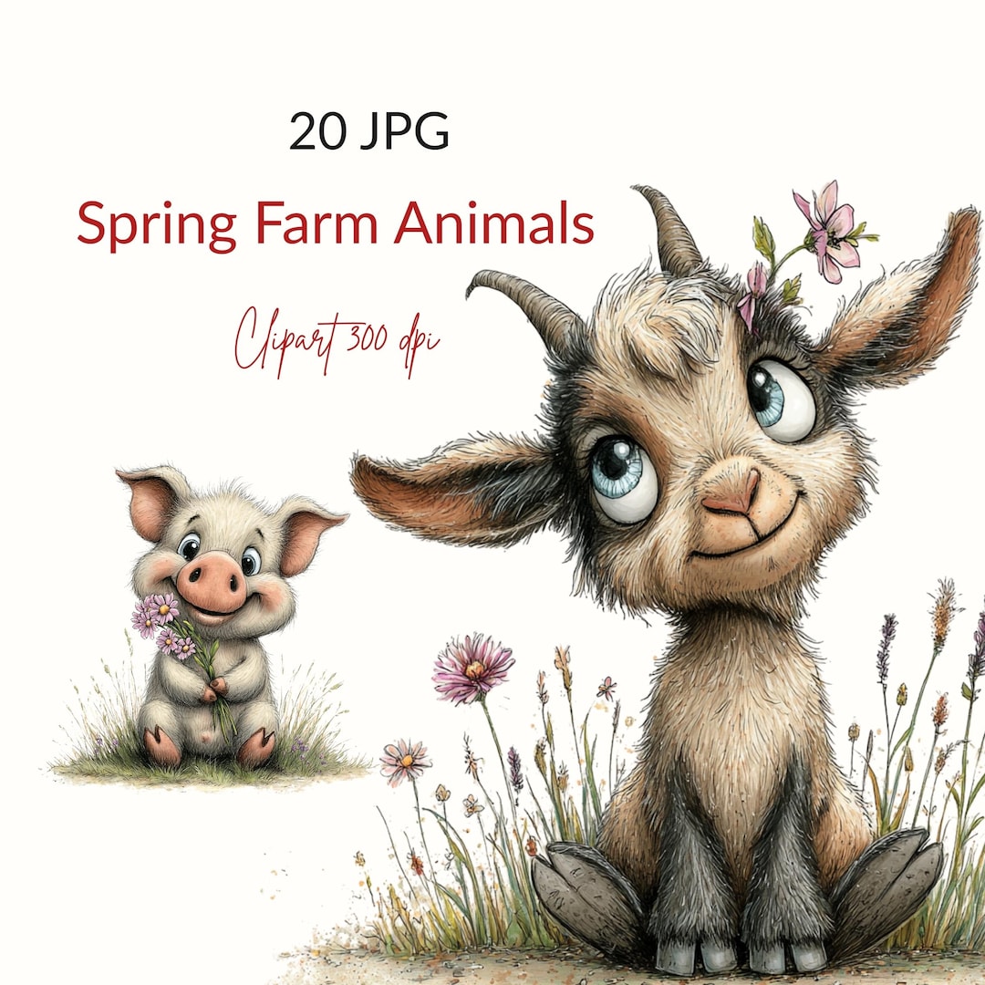 Spring Farm Animals Clipart - 20 JPG, Whimsical Animal Graphics - Etsy