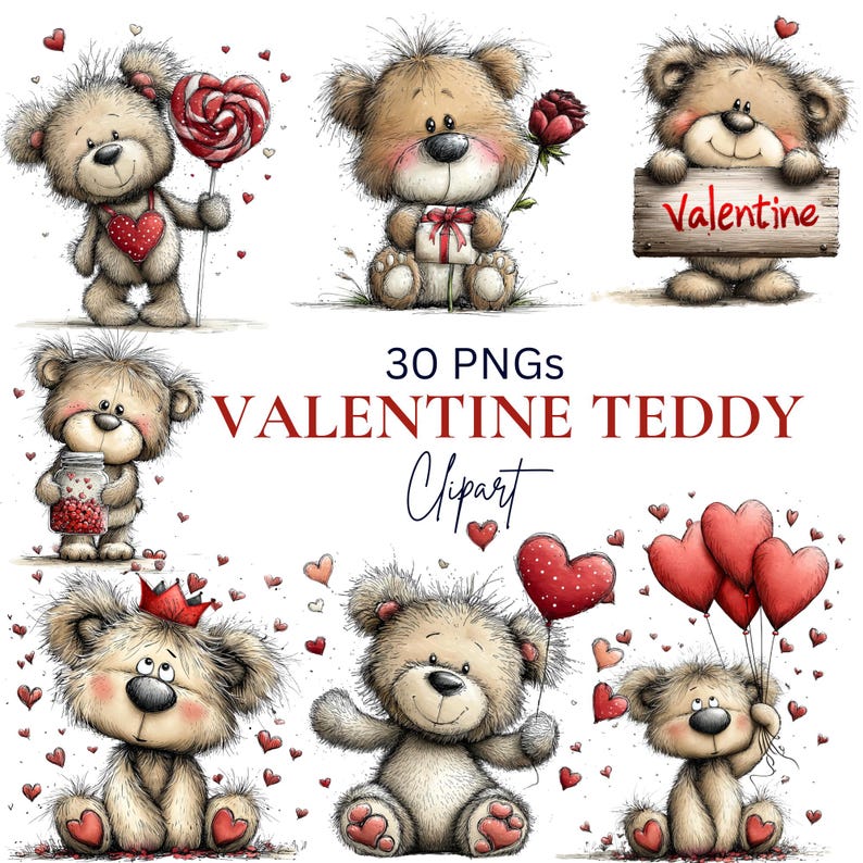 30 PNG Valentine Teddy Bear Clipart – Watercolor Love Bears, (digital ...