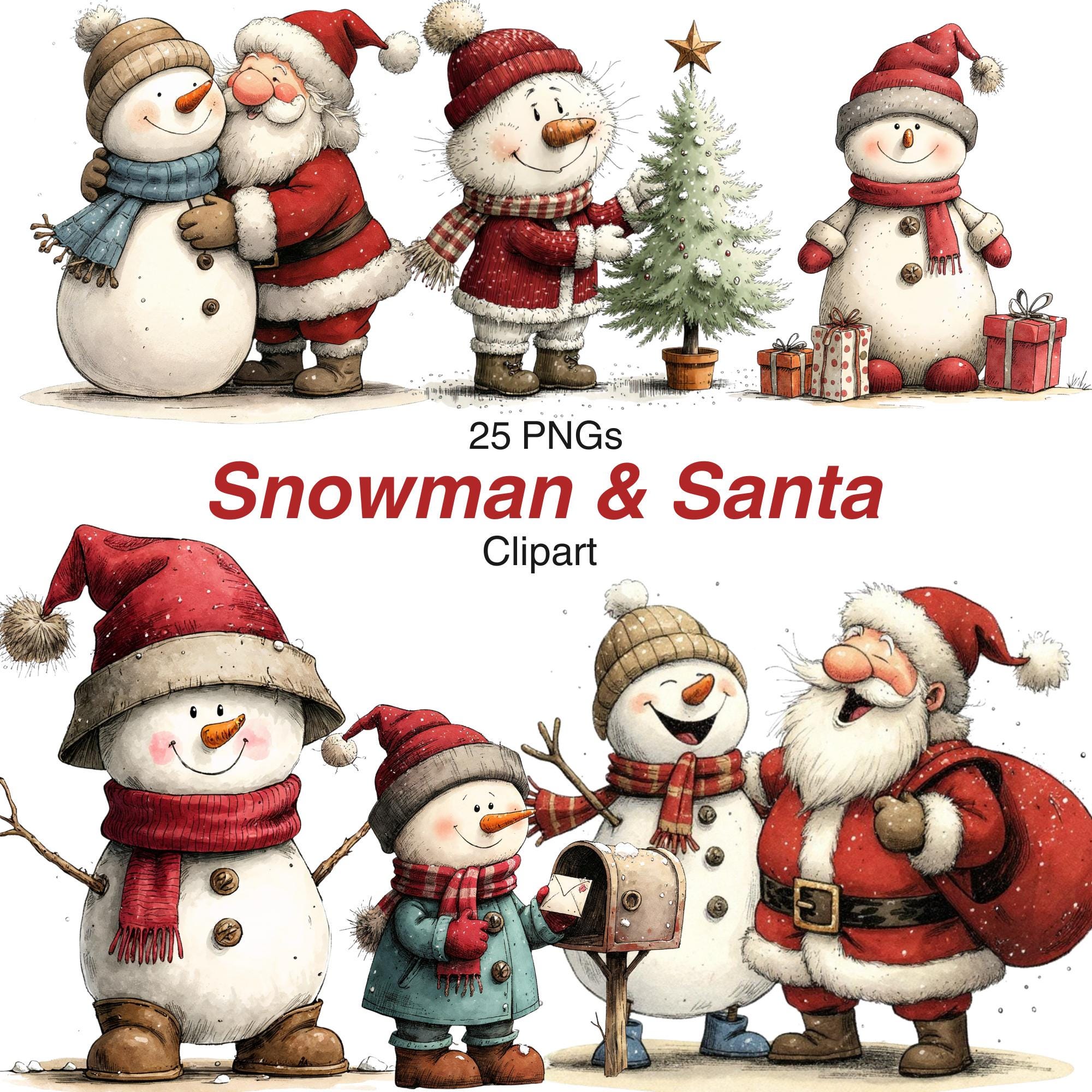 Snowman & Santa Clipart: Festive Holiday Graphics (digital Download ...