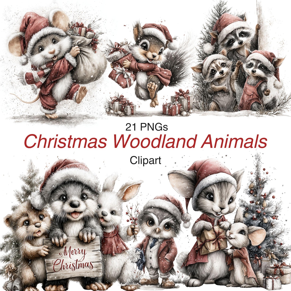 Woodland Animals Clipart: Festive Holiday Graphics ( Digital Download ...