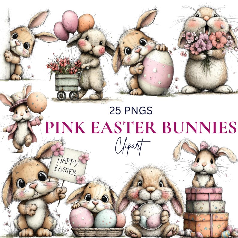 25 PNG Pink Easter Bunny Clipart – Watercolor Bunny Graphics ...