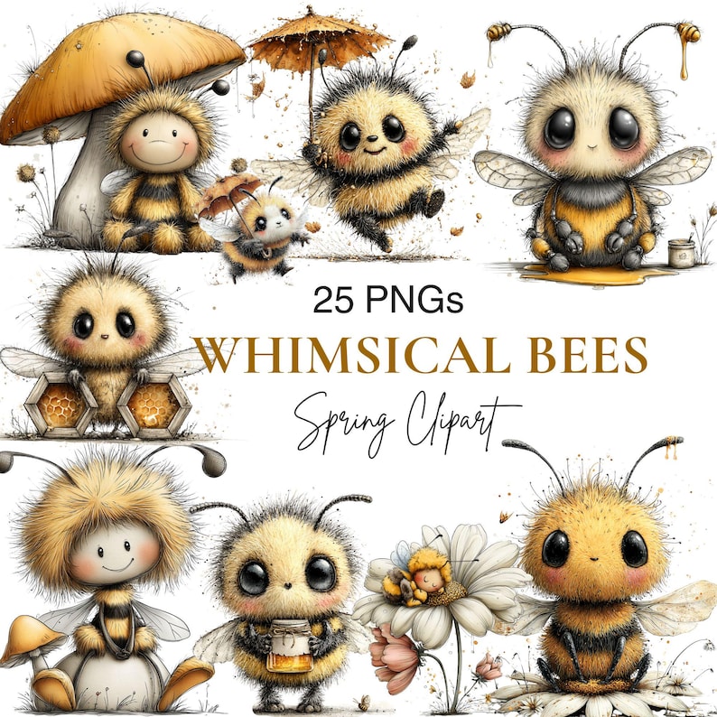 25 PNG Bee Clipart – Cute Spring Bees, Floral Insect Illustrations ...