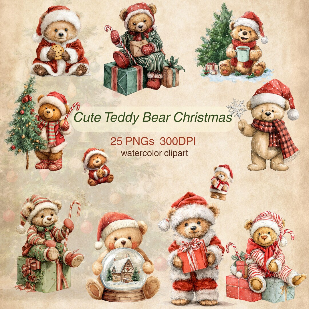 Christmas Teddy Bear Clipart: Cute Watercolor Santa Bears,25 Pngs ...