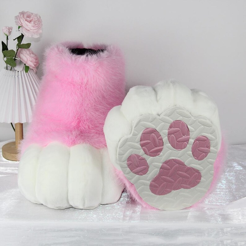 Pink Furry Feetpaws, Fursuit Cat Footpaws, Plush Cat Paws Shoes ...