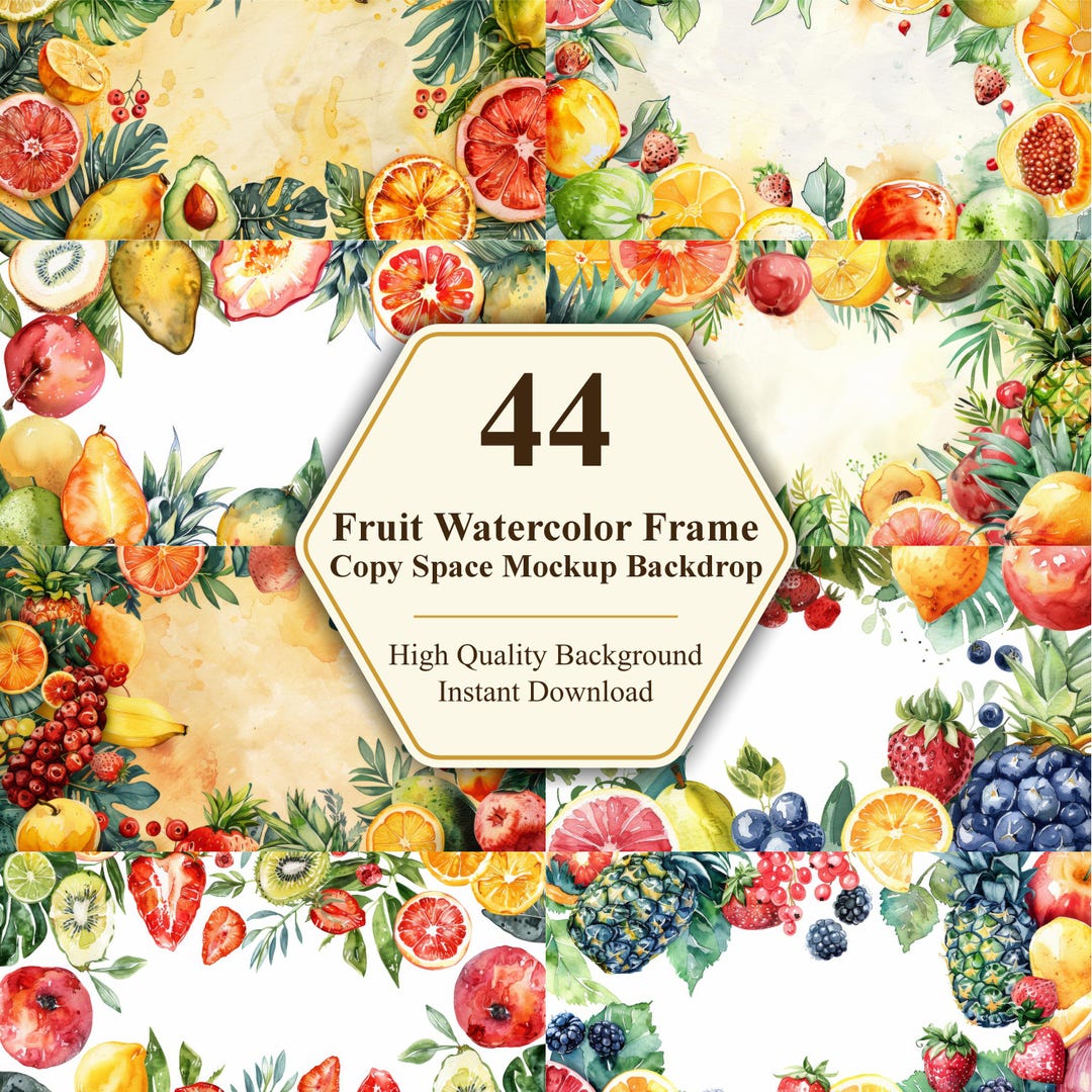 44 Fruit Watercolor Frame Backgrounds Colorful Tropical Fruit Border ...