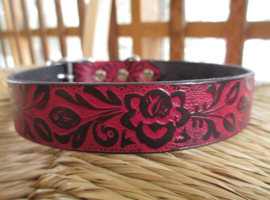 Black and Red Leather Dog Collar. 1" Width. Embossed Red Gothic Floral ...