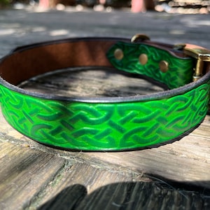 Forest Green Celtic Collar. Embossed Leather Dog Collar. Celtic Pattern ...