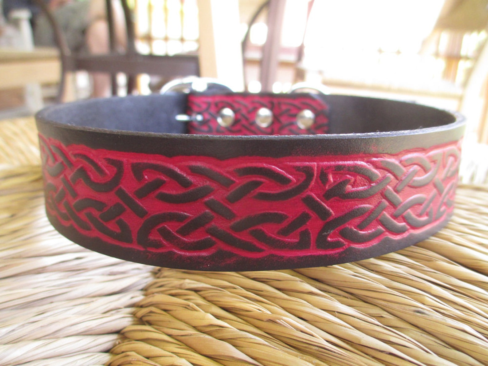 Celtic Leather Dog Collar. 1 1/4 Deep Red and Black - Etsy