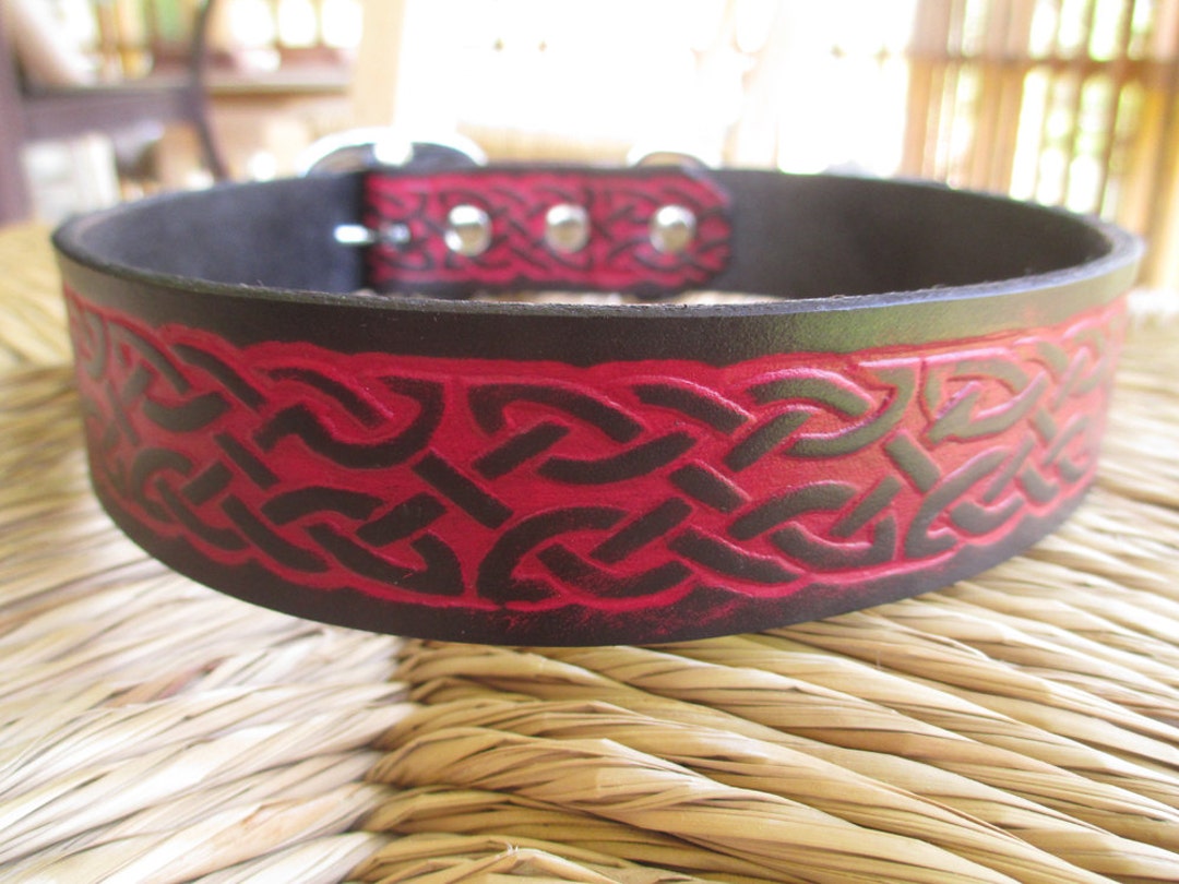 Celtic Leather Dog Collar. 1 1/4" Deep Red and Black Embossed Leather ...