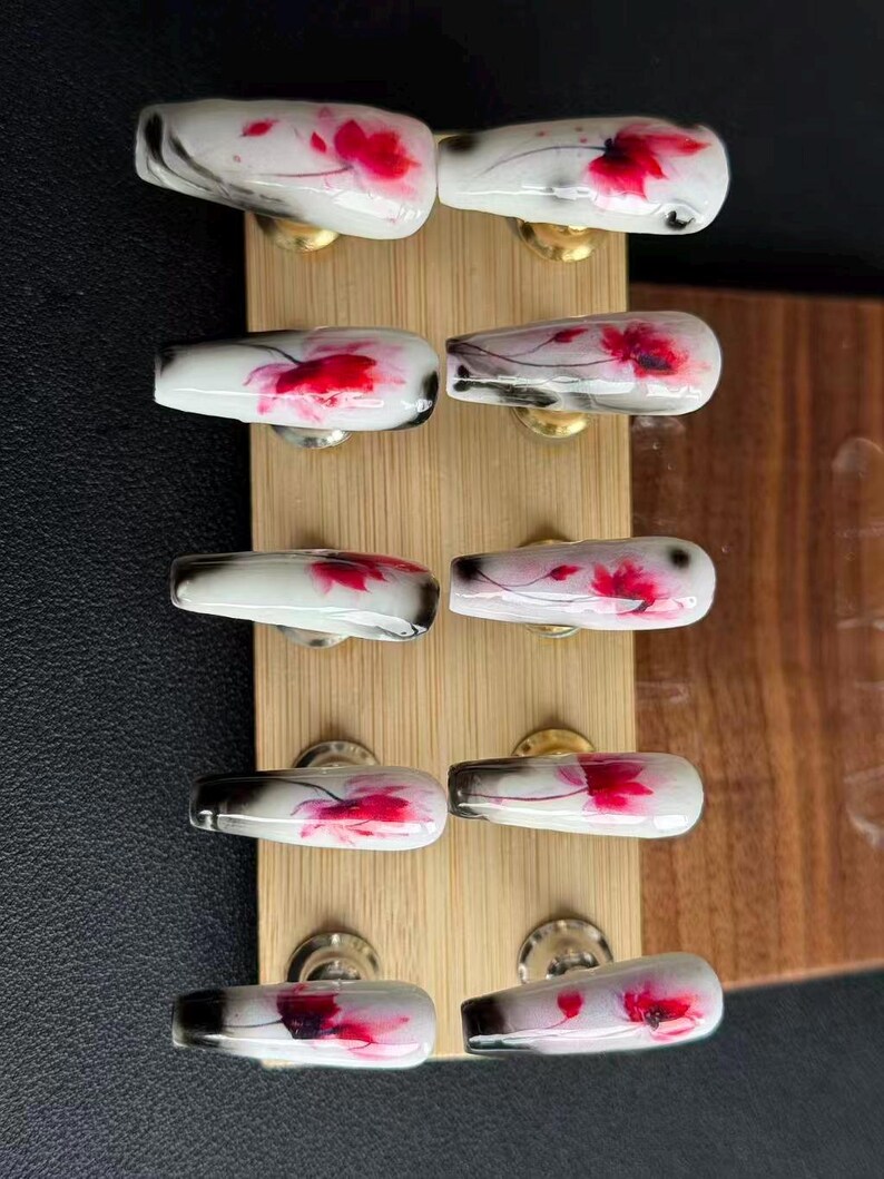 Ink Wash Style Red Orchid Long Ballet Nail Art | Handmade Ink Wash Art ...