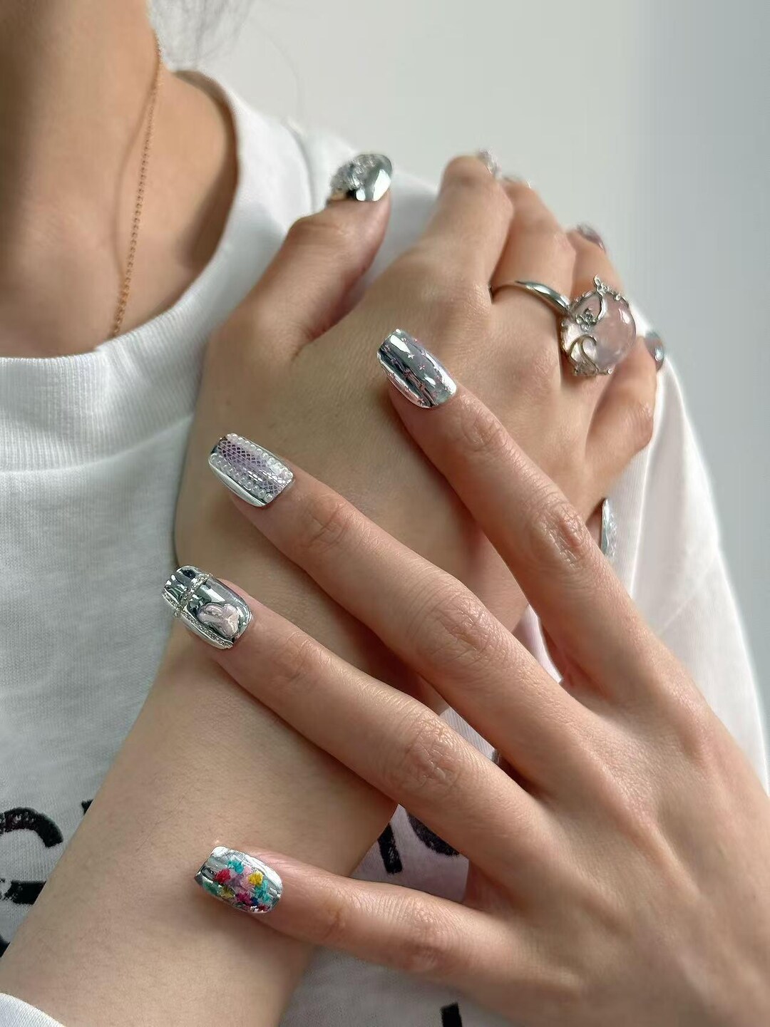 Hand-painted Silver Glossy False Nails, Reusable Nail Tips - Etsy