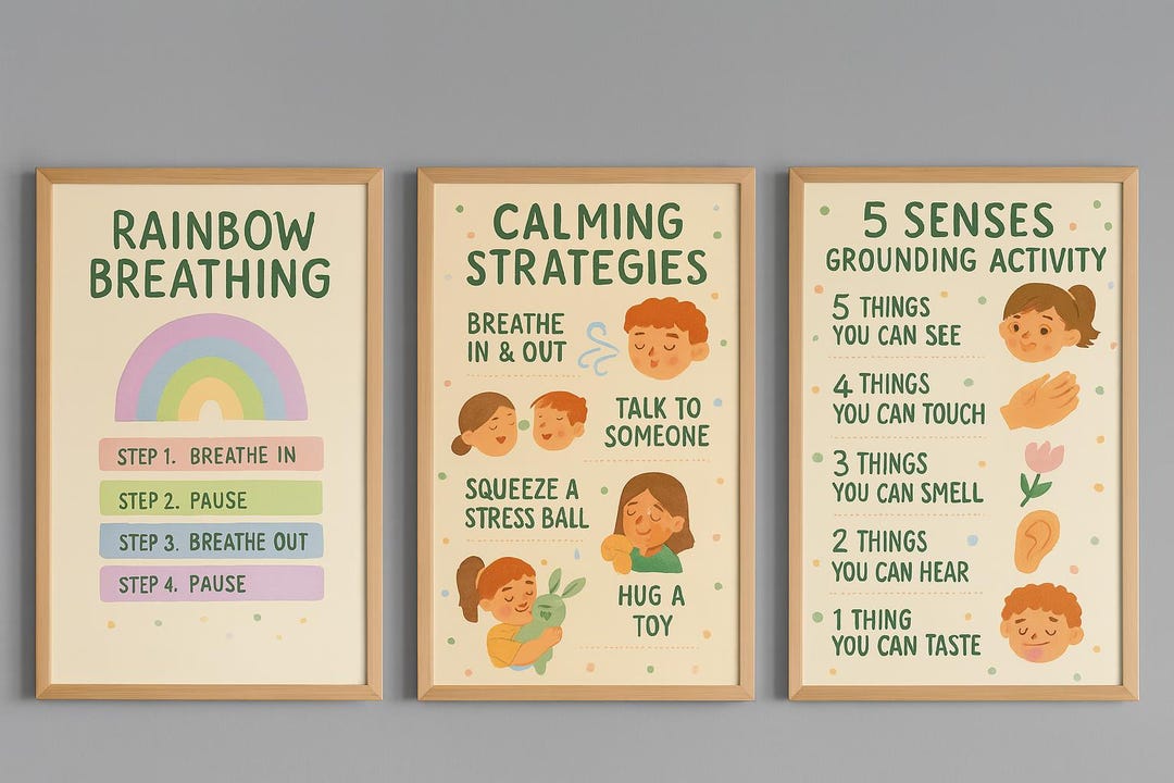 Mindfulness Poster Set – Rainbow Breathing, Calming Strategies & 5 ...