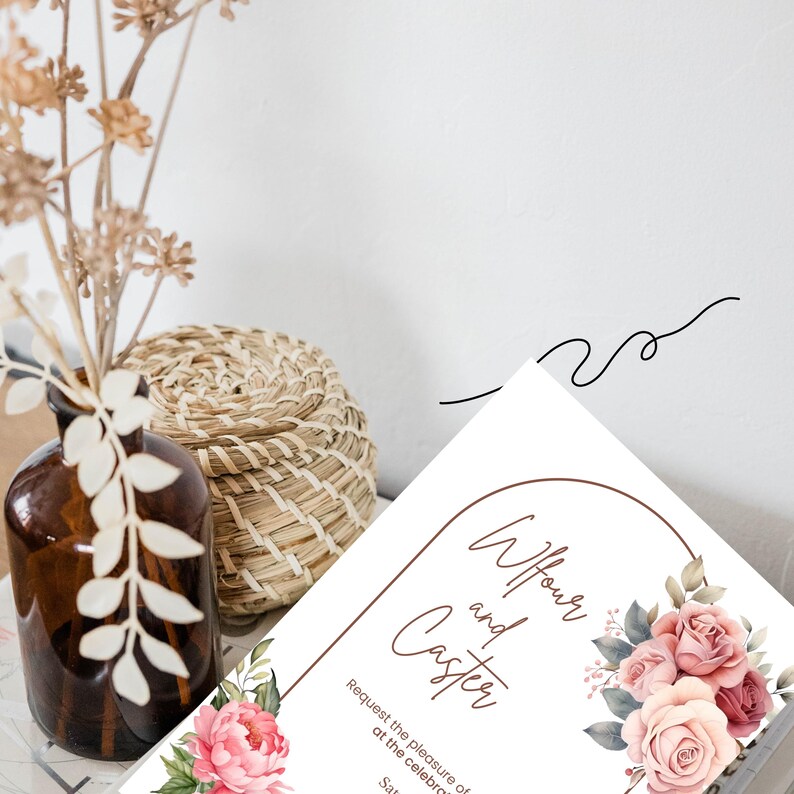 Boho Terracotta Wedding Invitation Suite, Arch Floral Pampas Template ...