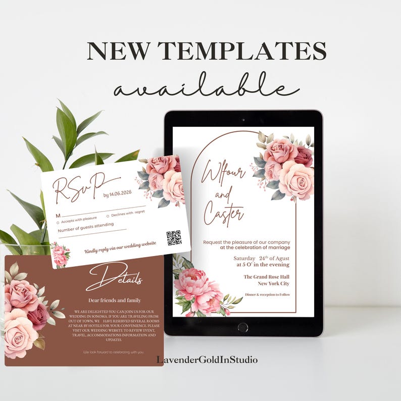 Boho Terracotta Wedding Invitation Suite, Arch Floral Pampas Template ...