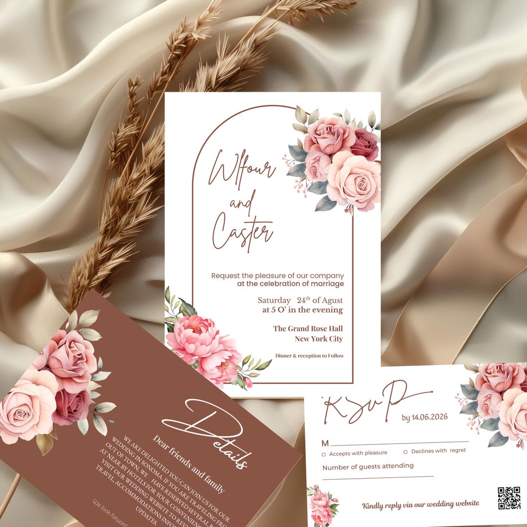 Boho Terracotta Wedding Invitation Suite, Arch Floral Pampas Template ...