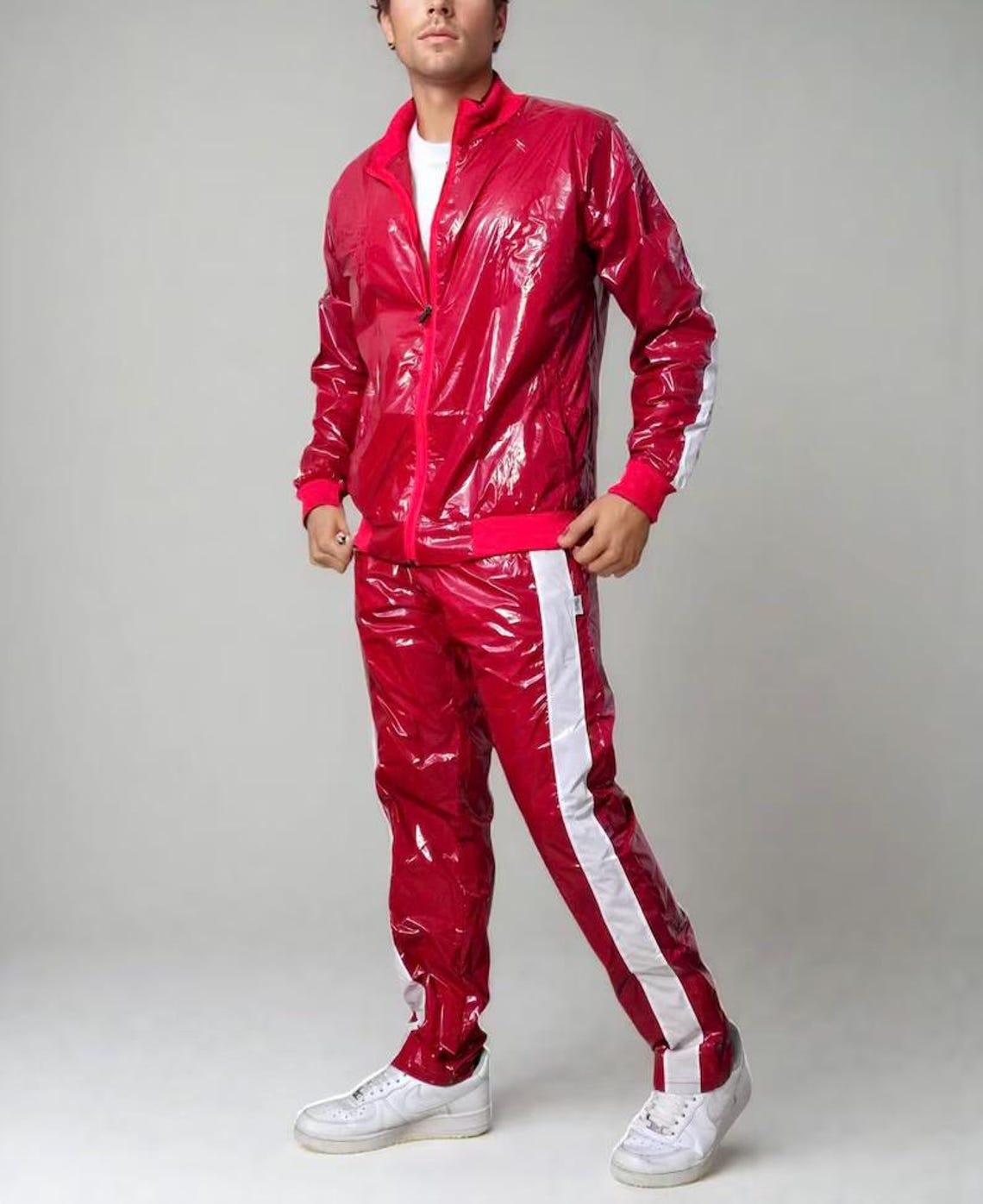 Men’s Shiny Red Nylon Tracksuit Set – Retro Windbreaker Jacket & Pants ...
