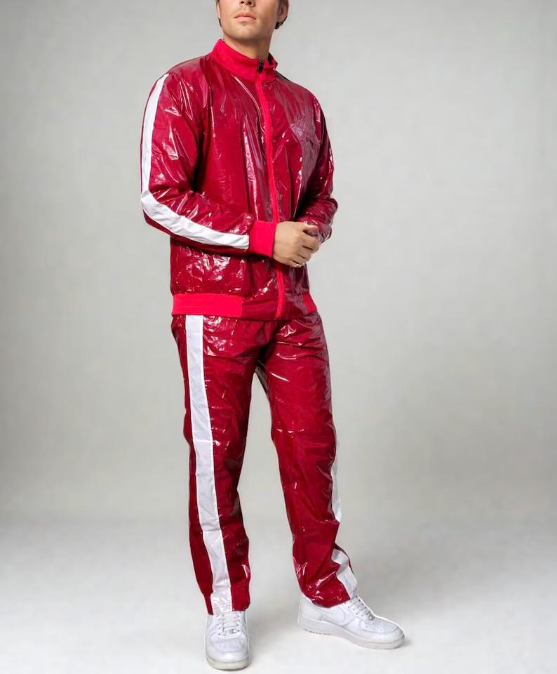 Men’s Shiny Red Nylon Tracksuit Set – Retro Windbreaker Jacket & Pants ...