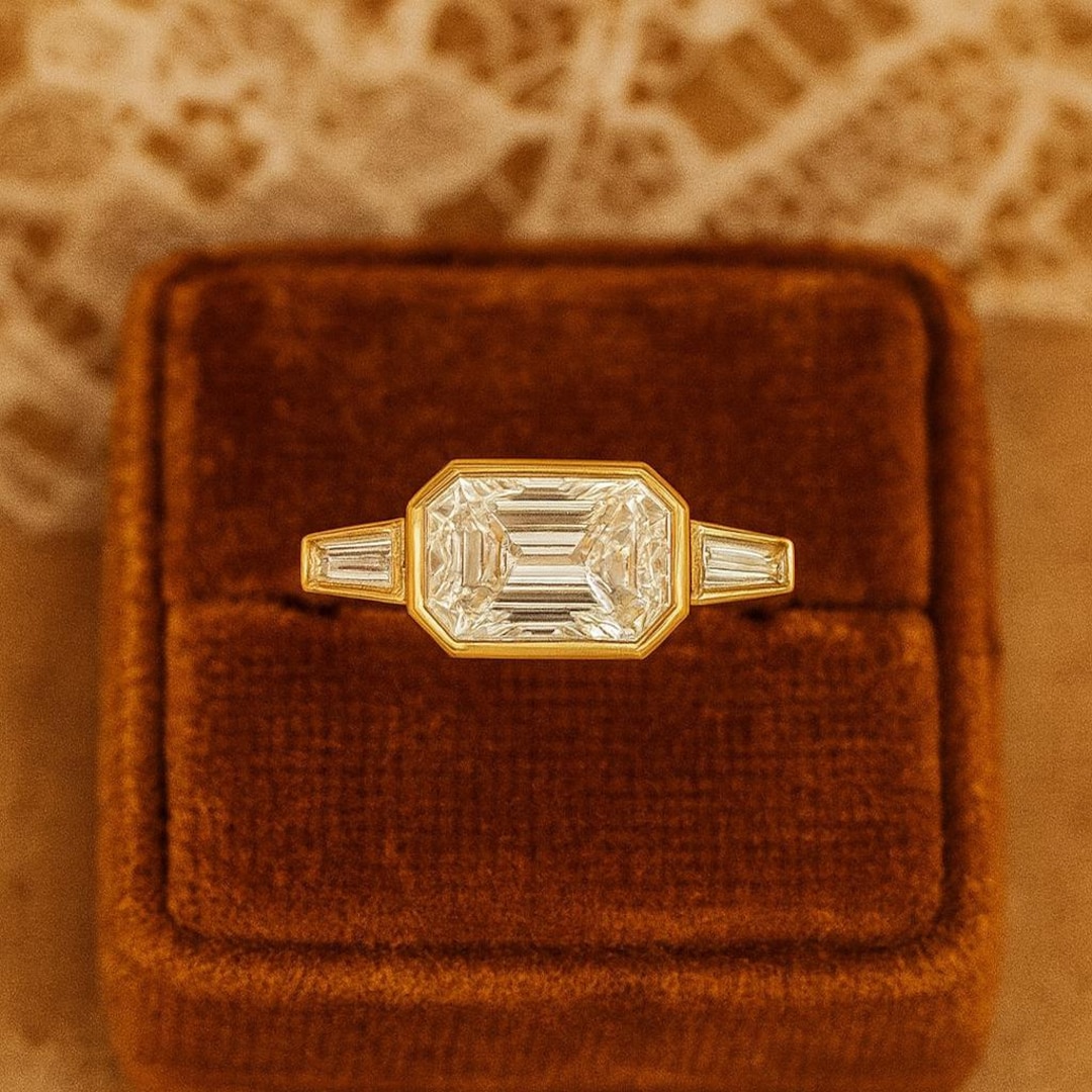 Asscher Cut Moissanite Engagement Ring, 14K Gold Bezel, Three Stone ...