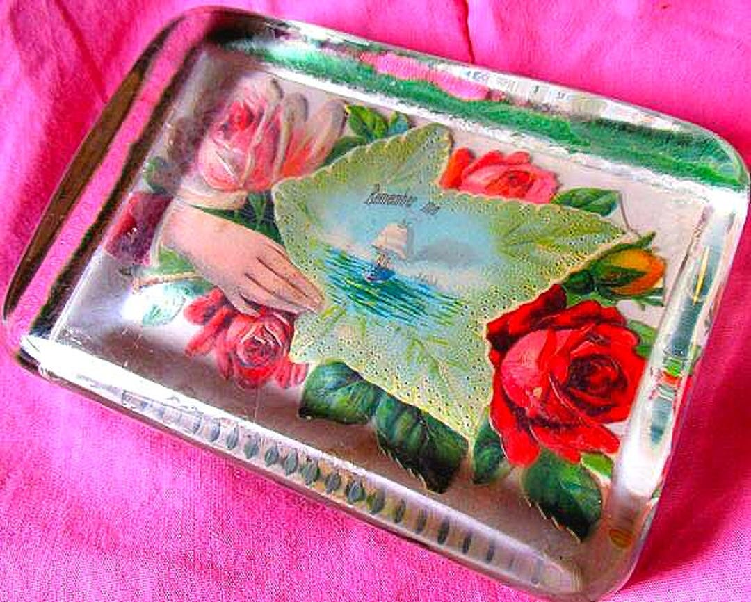 Roses Lucite Paperweight Retro 1950s Desk Accessory Red Pink Hand ...