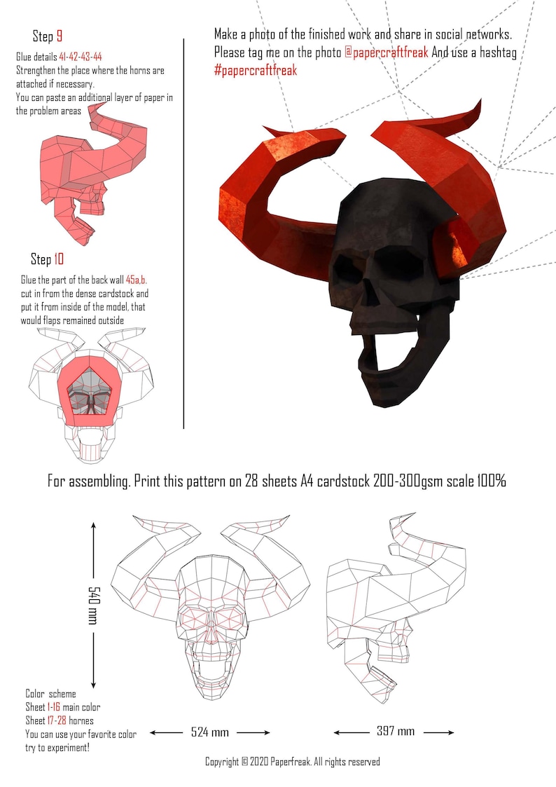 Papercraft 3D DEMON HORNED SCULL Horror Gothic Hell Art Low Poly Paper ...